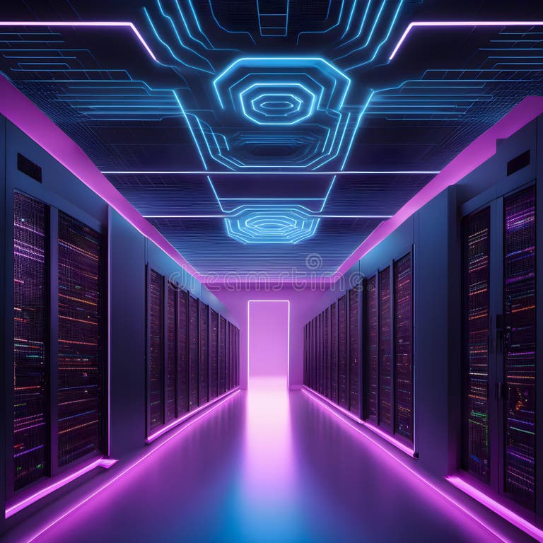 A Dynamic, High-tech Server Room Illuminated by Neon Lights, Showcasing ...