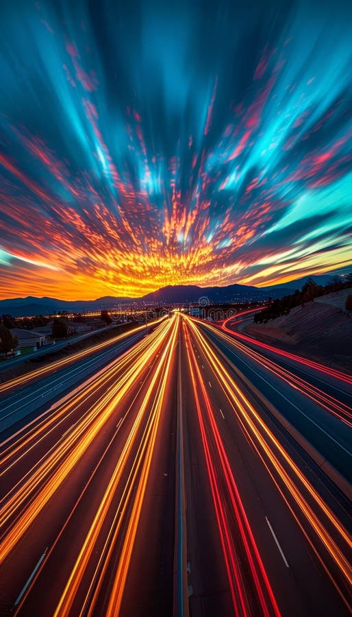 Dynamic Highway Scene with Vivid Light Trails Reflecting Speed and ...