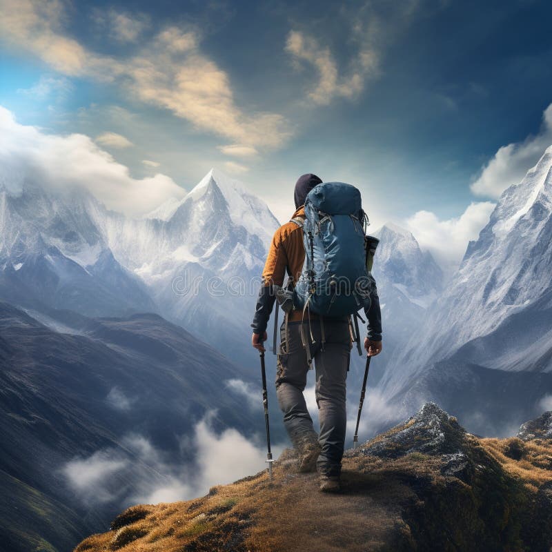 Dynamic Hiker Conquering a Challenging Mountain Ridge Stock ...