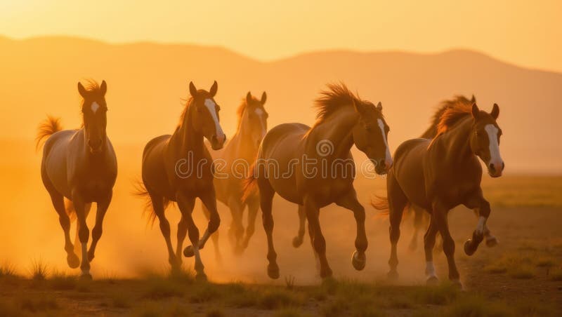 Dynamic Horses Galloping at Sunrise Energetic Action on Open Plain ...