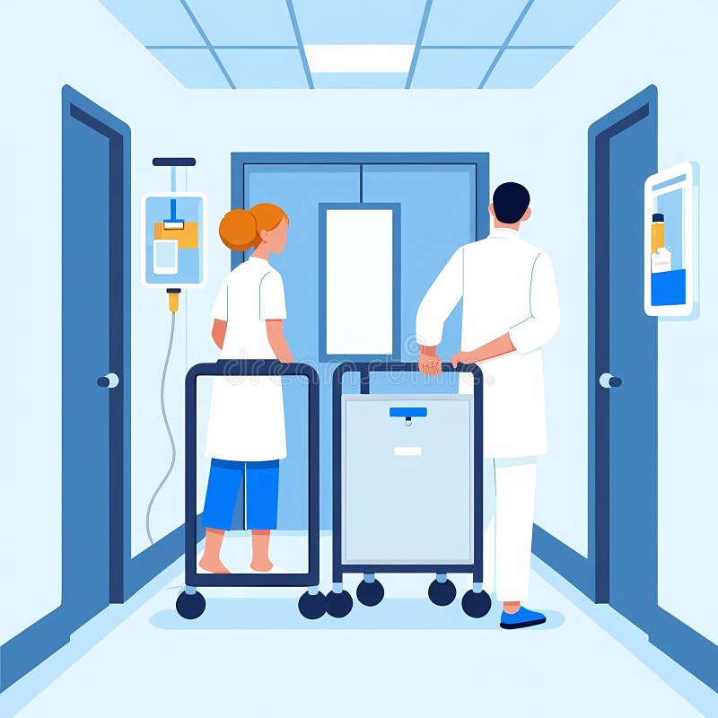 Dynamic Hospital Scene: Patients Pushing IV Carts through Corridor ...