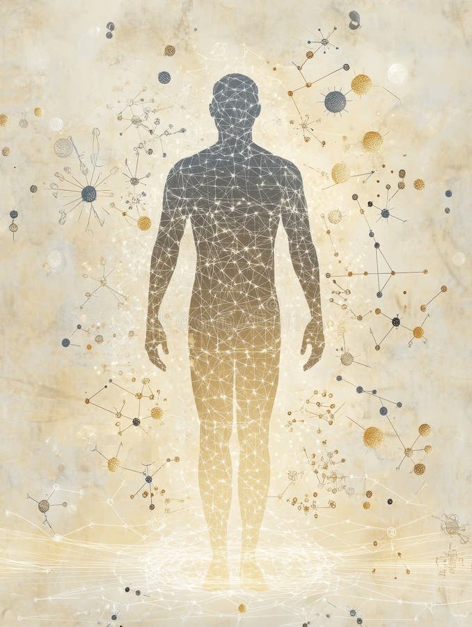 A Dynamic Human Silhouette is Enveloped by Intricate Molecular Diagrams ...