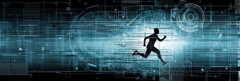 Dynamic Human Silhouette Running with Futuristic Digital HUD Interface ...