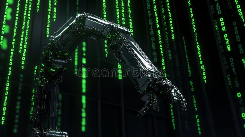 Dynamic Hyper Realistic Industrial Robotic Arm Amidst Cascading Green ...