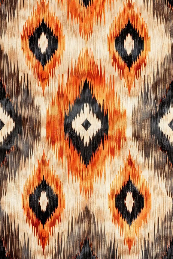 Dynamic Ikat Pattern Featuring Diamond-shaped Motifs in Vibrant Orange ...
