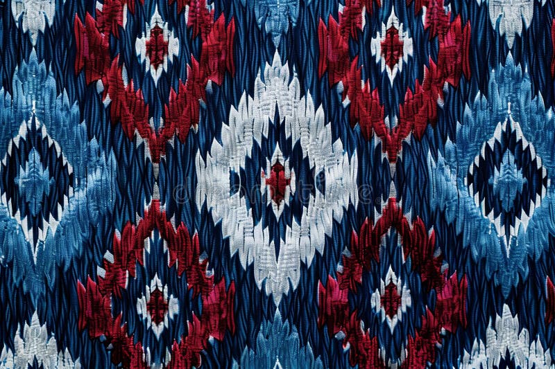 Dynamic Ikat Pattern Featuring Geometric Shapes in Rich Blue, Red, and ...