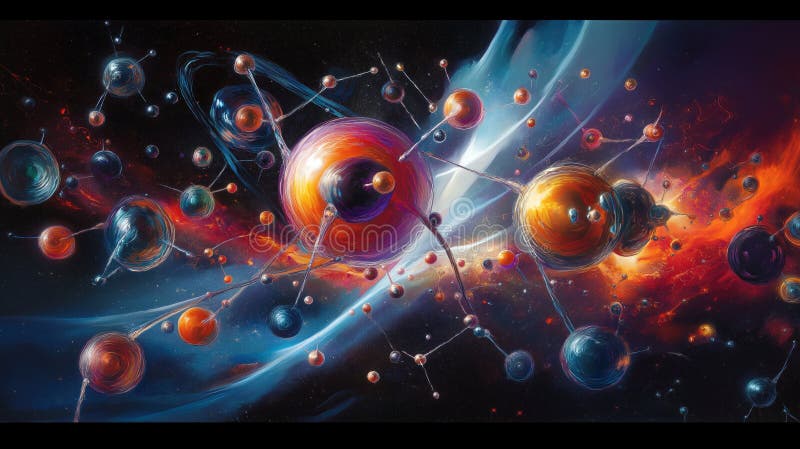 Dynamic Illustration of Atoms, Nuclei in Motion. Colorful Orbs ...