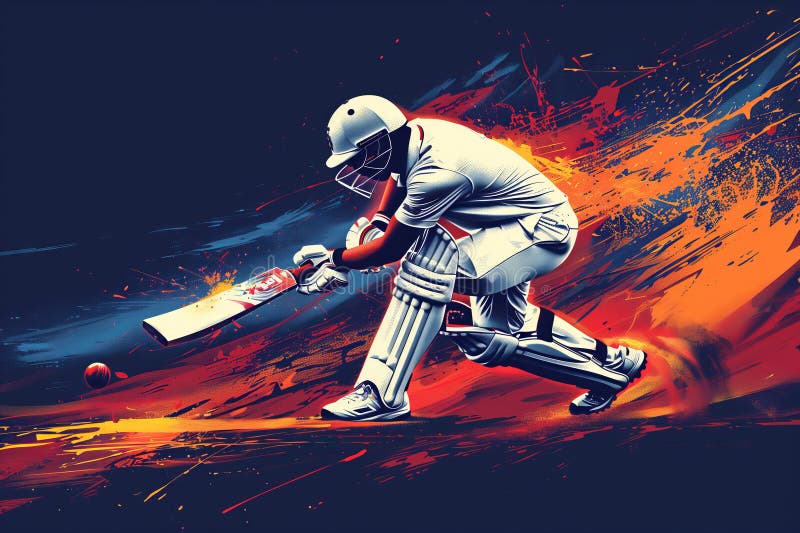 Dynamic Illustration of a Batsman in Action Playing Cricket Against a ...