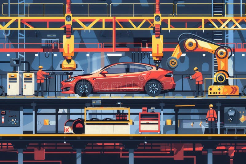 A Dynamic Illustration of a Car Assembly Line with Workers and Robots ...