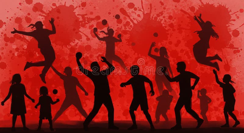 Silhouetted Dodgeball Game: Dynamic Action Against Red Splatter ...