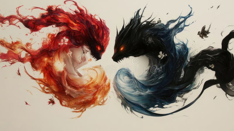 A Dynamic Illustration of Elemental Beings Representing Fire and Water ...