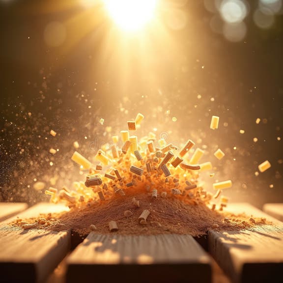 Dynamic Illustration of Exploding Wooden Shavings Under Bright Sunlight on Wooden Surface ...