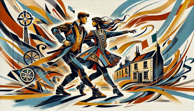 Dynamic Irish Dance Couple in Vibrant Celtic Setting Stock Illustration ...