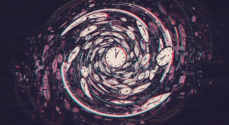 A Dynamic Illustration Featuring Numerous Clock Faces Swirling in a ...