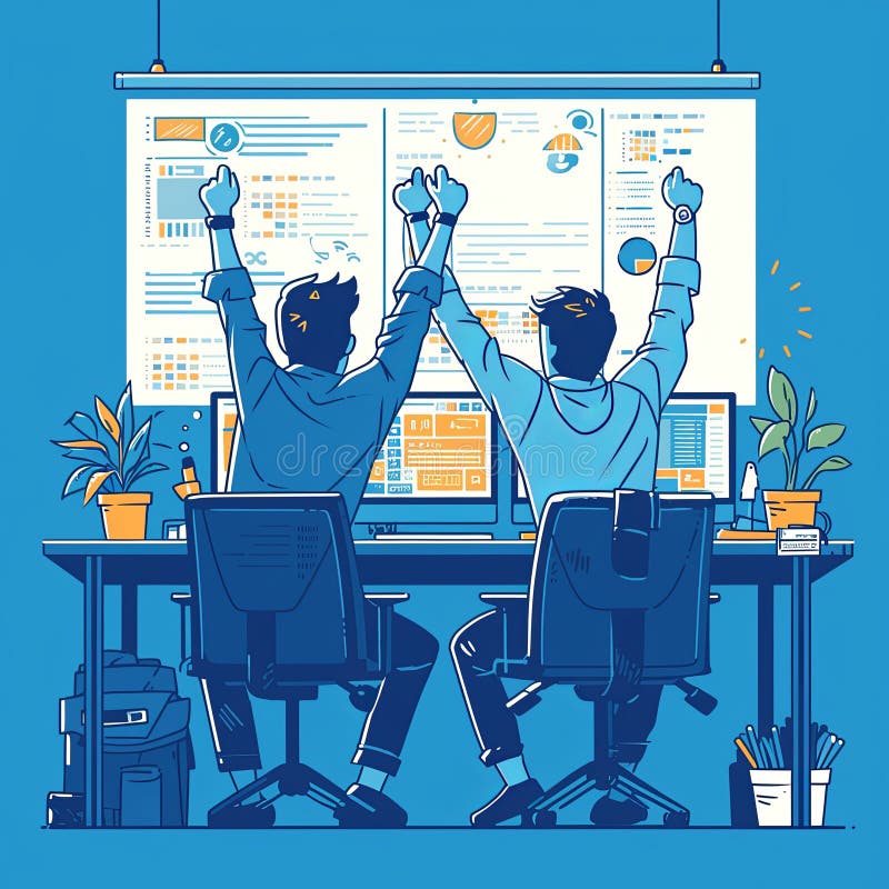 Two Developers Celebrating Successful Data Project Completion in Modern ...