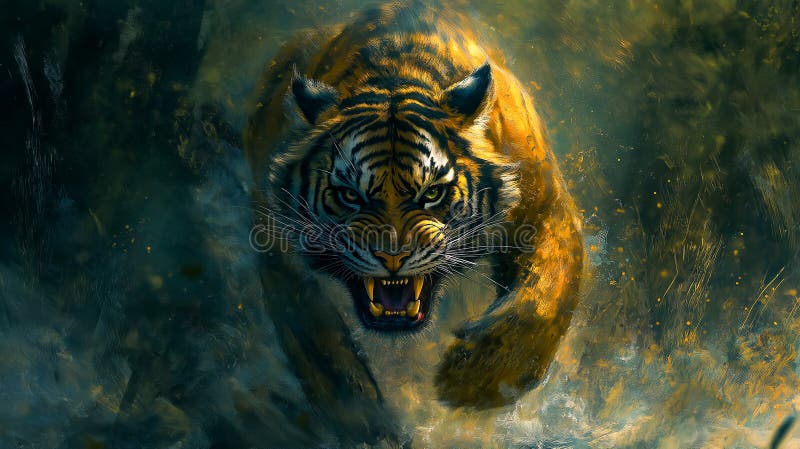 Dynamic Illustration of a Painted Tiger Running Toward Viewer Roaring ...