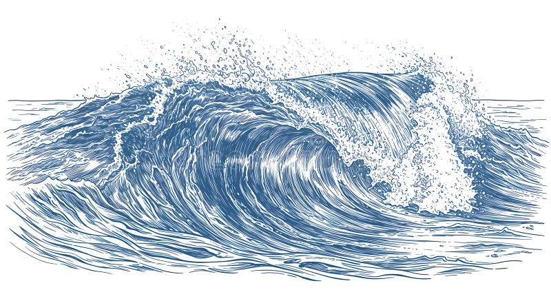 Dynamic Illustration of a Powerful, Cresting Ocean Wave in Shades of ...