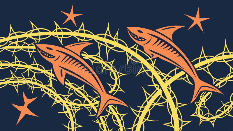 Dynamic Illustration of Sharks Entangled in Barbed Wire Vector Design ...