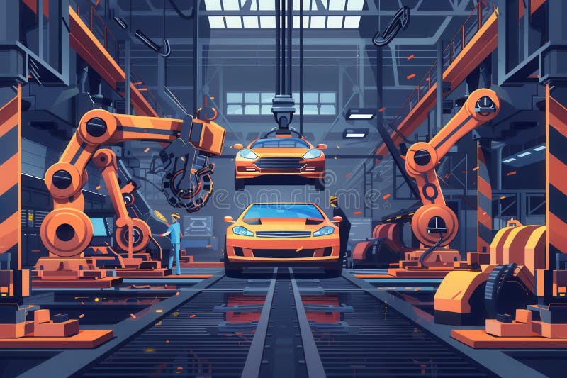 A Dynamic Illustration Showcasing a Modern Car Assembly Line with ...