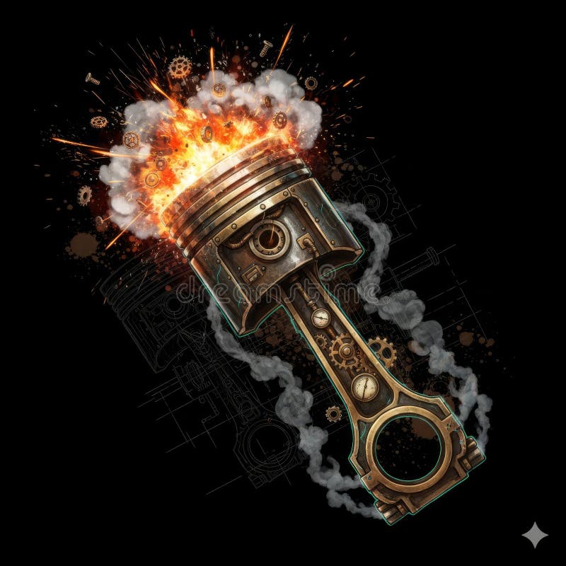 A Dynamic Illustration of a Steampunk Engine Piston Exploding with Fire ...