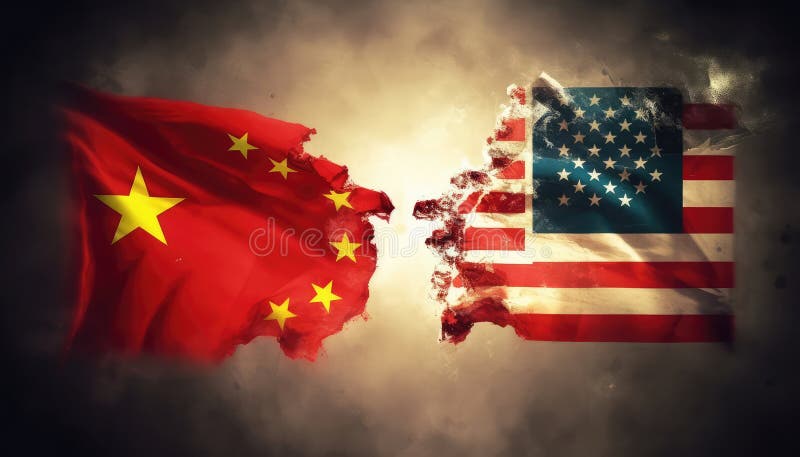Dynamic Illustration of Torn Flags of China and USA, Symbolizing ...
