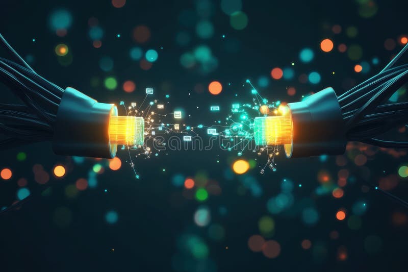 Dynamic Illustration of Two Fiber Optic Cables Exchanging Vibrant ...