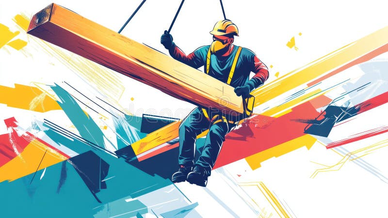 Dynamic Illustration, Worker Lifting a Wooden Beam Against an Abstract ...