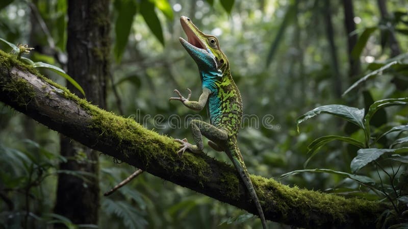 Anolis Lizard Leaping between Branches in Forest Stock Illustration ...