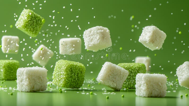 Dynamic Image of Assorted Sugar Cubes with Powder Explosion on Green ...