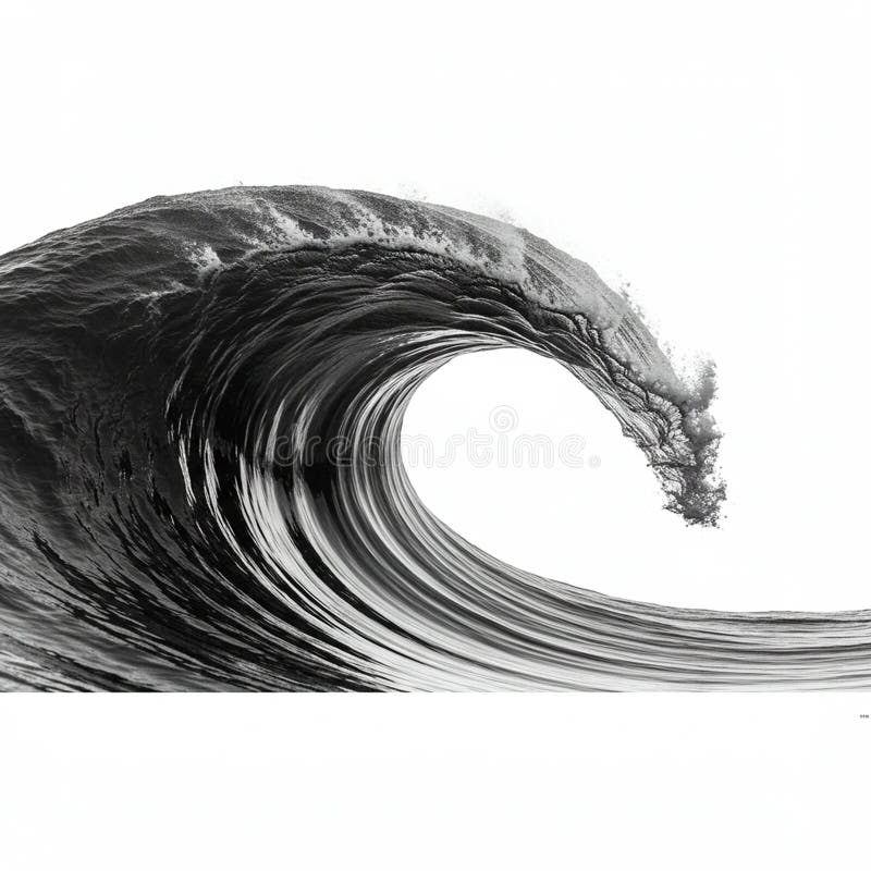 Dynamic Image of a Black and White Wave, Curling with Detailed Textures ...