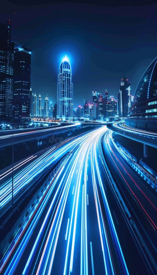 Dynamic Image of Blue Light Trails Representing Rapid Data Exchange ...