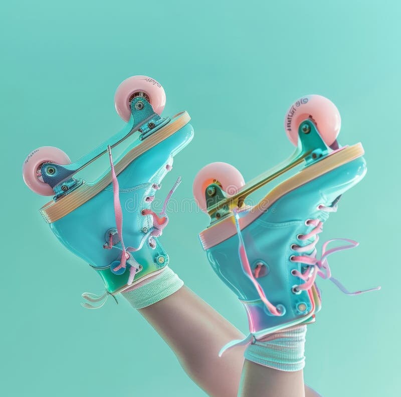 Dynamic Image of Blue Roller Skates with Pink Laces and Multicolored ...