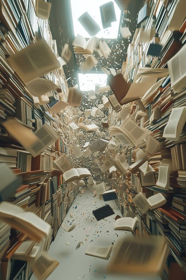Dynamic Image of Books Flying through a Library Aisle with Sunlight ...