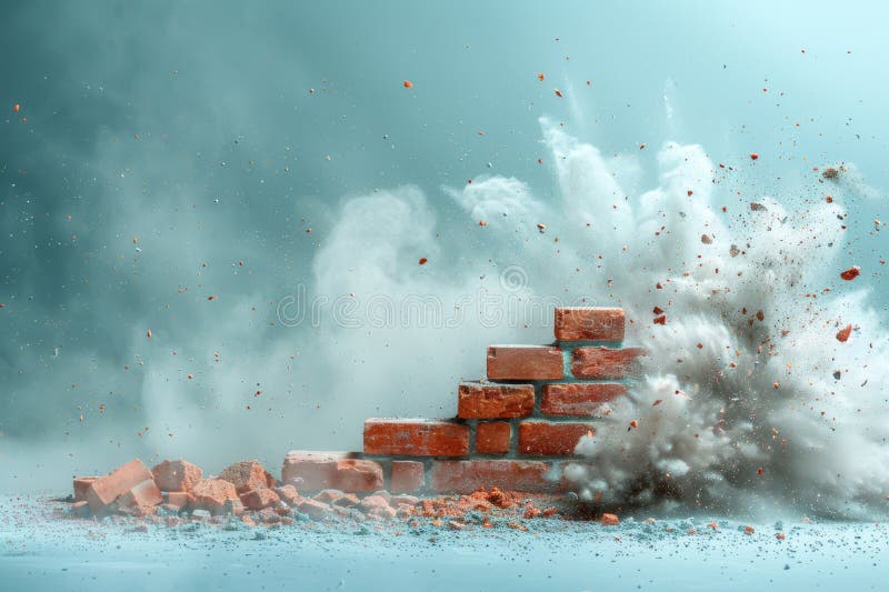 A Dynamic Image of a Brick Wall Breaking Apart with Dust and Debris ...