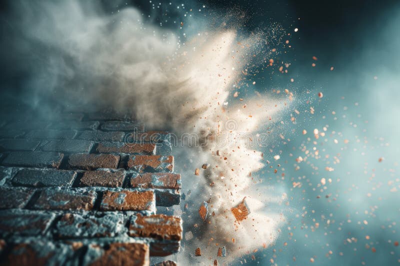 A Dynamic Image of a Brick Wall Breaking Apart with Dust and Debris ...