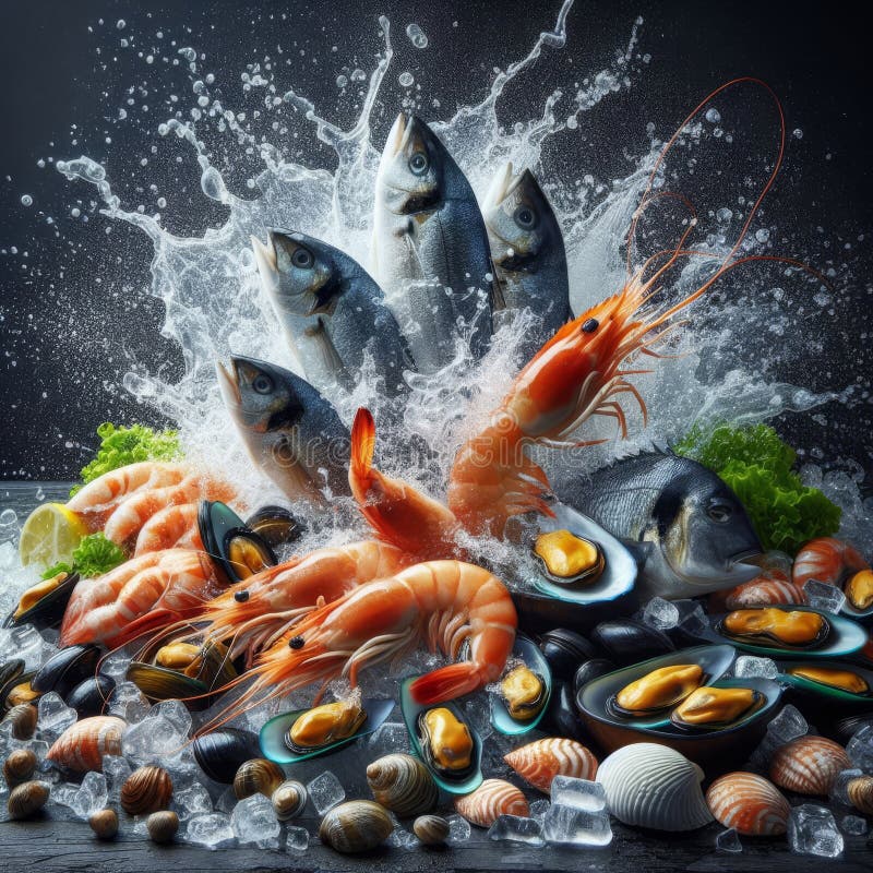 Fresh Seafood Splash with Shrimp, Mussels, and Fish Stock Illustration ...