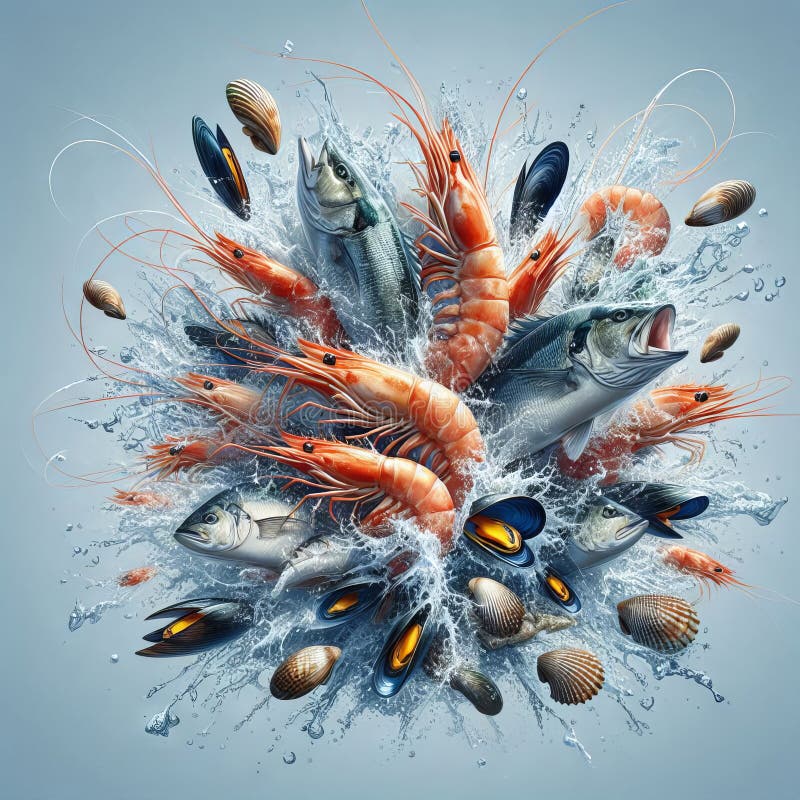 Fresh Seafood Splash with Shrimp, Mussels, and Fish Stock Photo - Image ...