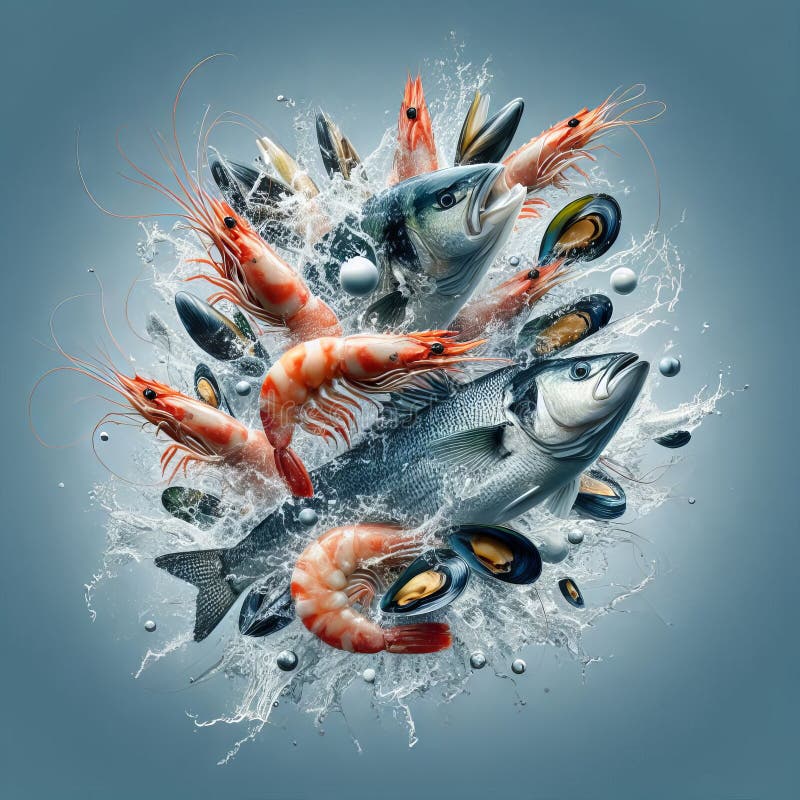 Fresh Seafood Splash with Shrimp, Mussels, and Fish Stock Illustration ...