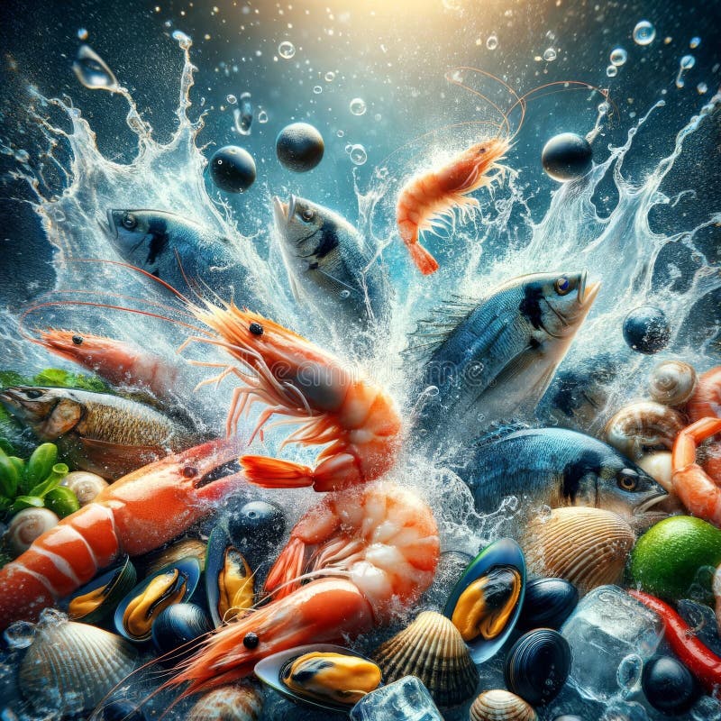 Fresh Seafood Splash with Shrimp, Mussels, and Fish Stock Illustration ...