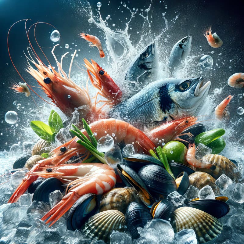 Fresh Seafood Splash with Shrimp, Mussels, and Fish Stock Illustration ...