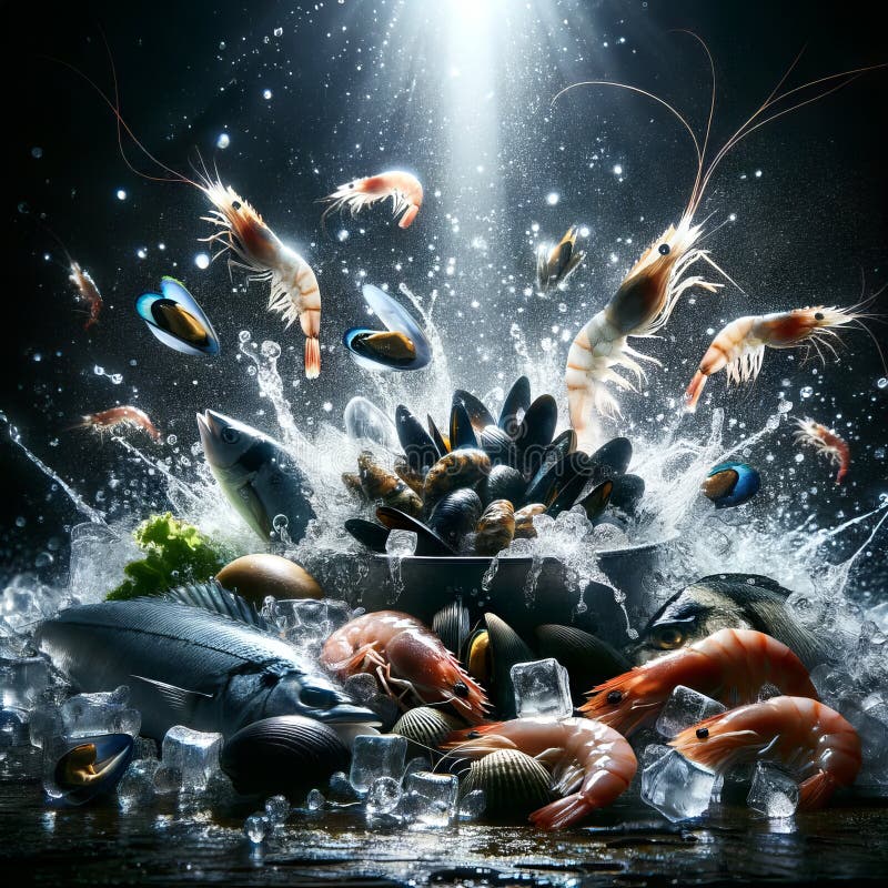 Fresh Seafood Splash with Shrimp, Mussels, and Fish Stock Illustration ...