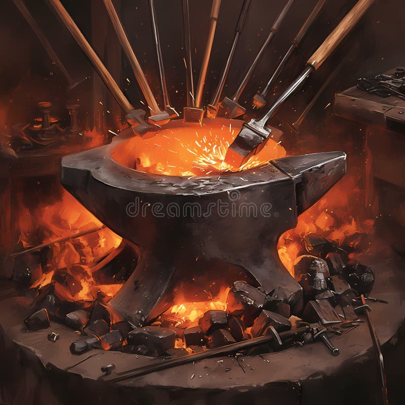 Forging Power: Glowing Flame and Hammer in Action Stock Illustration ...