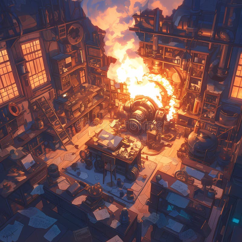 Fiery Invention Chaos in Workshop Stock Illustration - Illustration of ...
