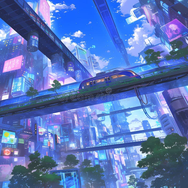 Future Cityscape Train Monorail Stock Illustration - Illustration of ...