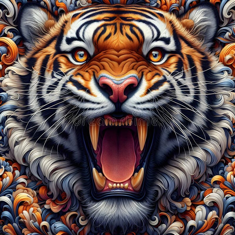 A Roaring Tiger in a Detailed, Abstract Style with Swirling Patterns ...