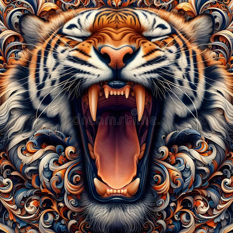 A Roaring Tiger in a Detailed, Abstract Style with Swirling Patterns ...