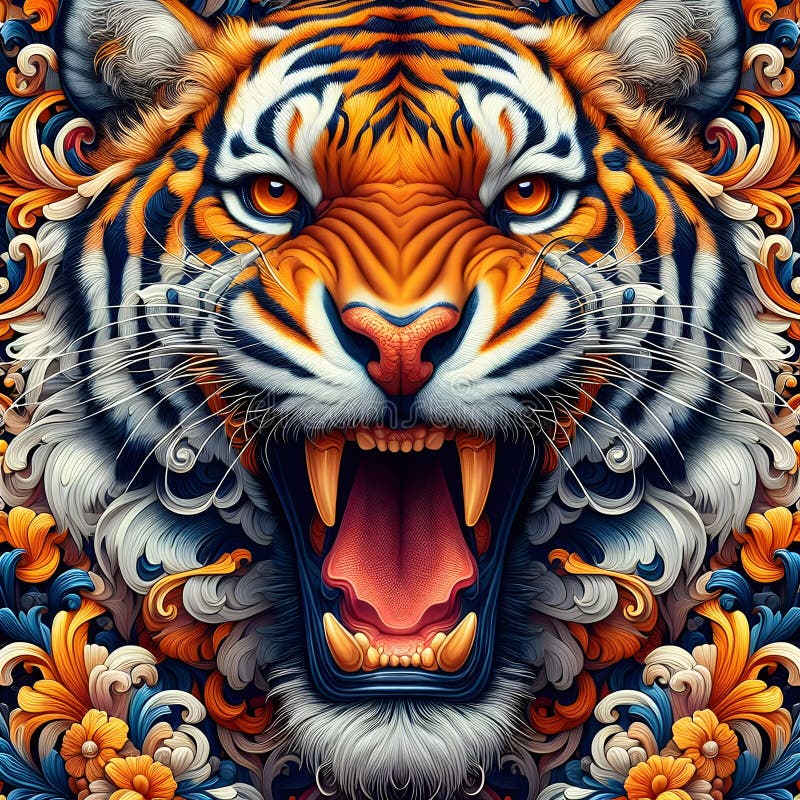 A Roaring Tiger in a Detailed, Abstract Style with Swirling Patterns ...
