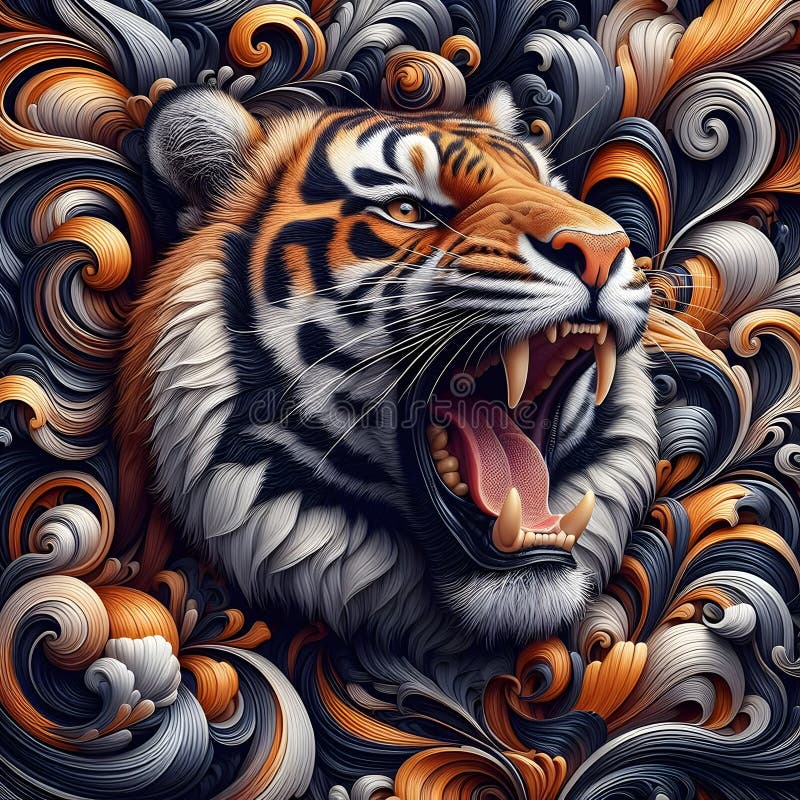 A Roaring Tiger in a Detailed, Abstract Style with Swirling Patterns ...