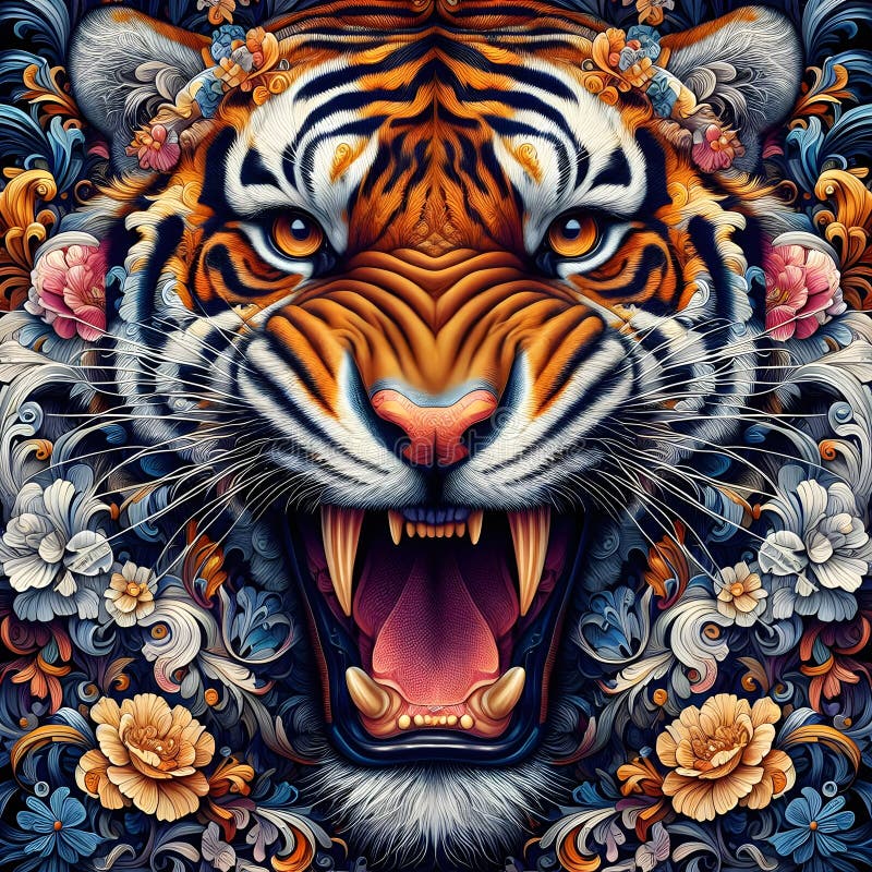 A Roaring Tiger in a Detailed, Abstract Style with Swirling Patterns ...