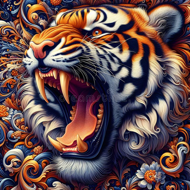 A Roaring Tiger in a Detailed, Abstract Style with Swirling Patterns ...